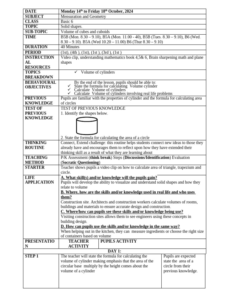 b6 wk5 volume of cylinder_045707 | PDF | Area | Volume