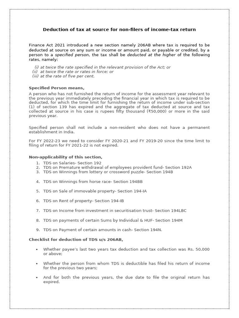 Deduction of Tax at Source For Non-Filers of Income-Tax Return | PDF