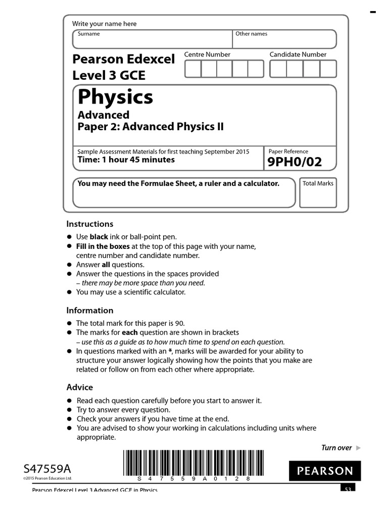 Specimen QP - Paper 2 Edexcel Physics a-level | PDF
