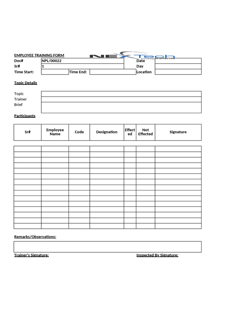 Doc#NPL00022 Employee Training Form | PDF