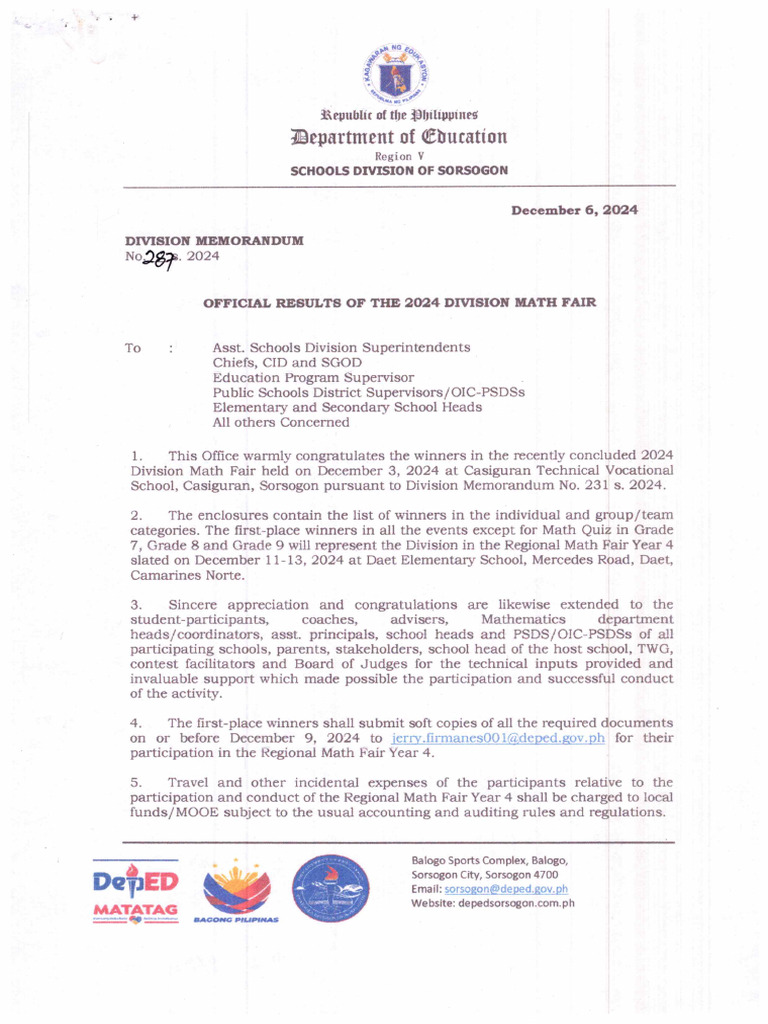 DM-No-287-s-2024 Division Math Fair Result 2024 | PDF