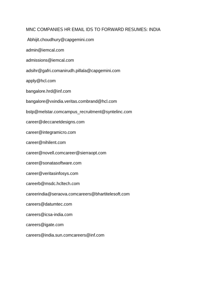 MNC HR Email Contacts India | PDF