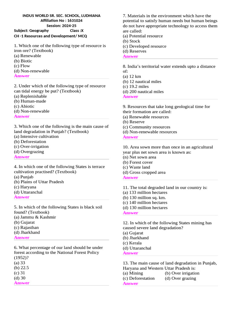 CH 1 MCQ (GEOGRAPHY) | PDF | Soil | Resource