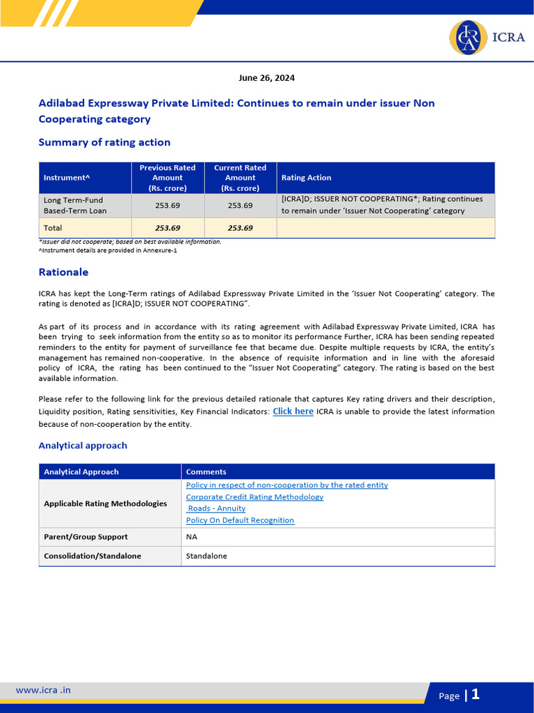 Adilabad Expressway Private Limited | PDF | Credit Rating Agency | Stocks