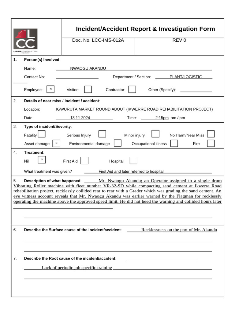 INCIDENT FORMS E | PDF | Occupational Safety And Health | Labor Relations