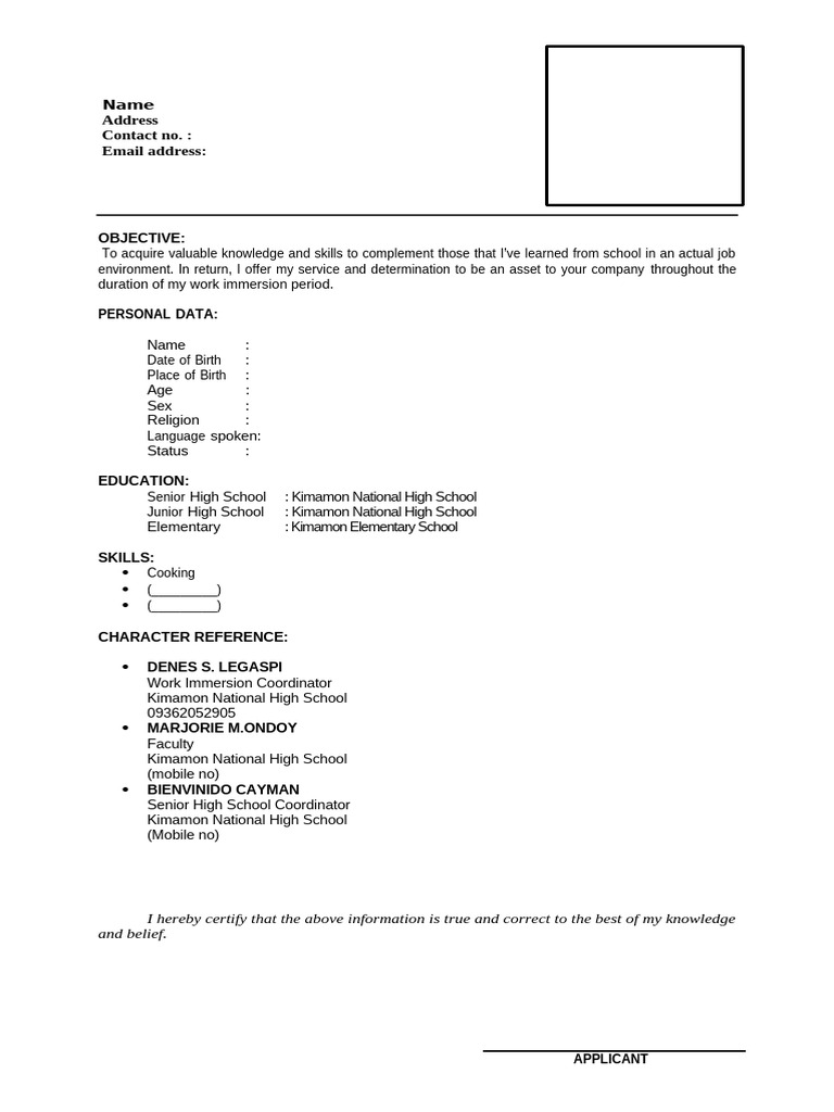 Work Immersion Resume Sample | PDF