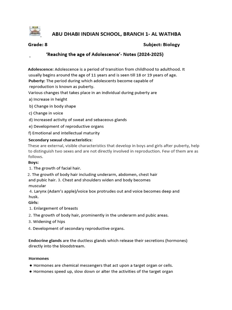 Grade 8- Notes of Adolescence(2024-2025) | PDF | Pancreas | Menstrual Cycle