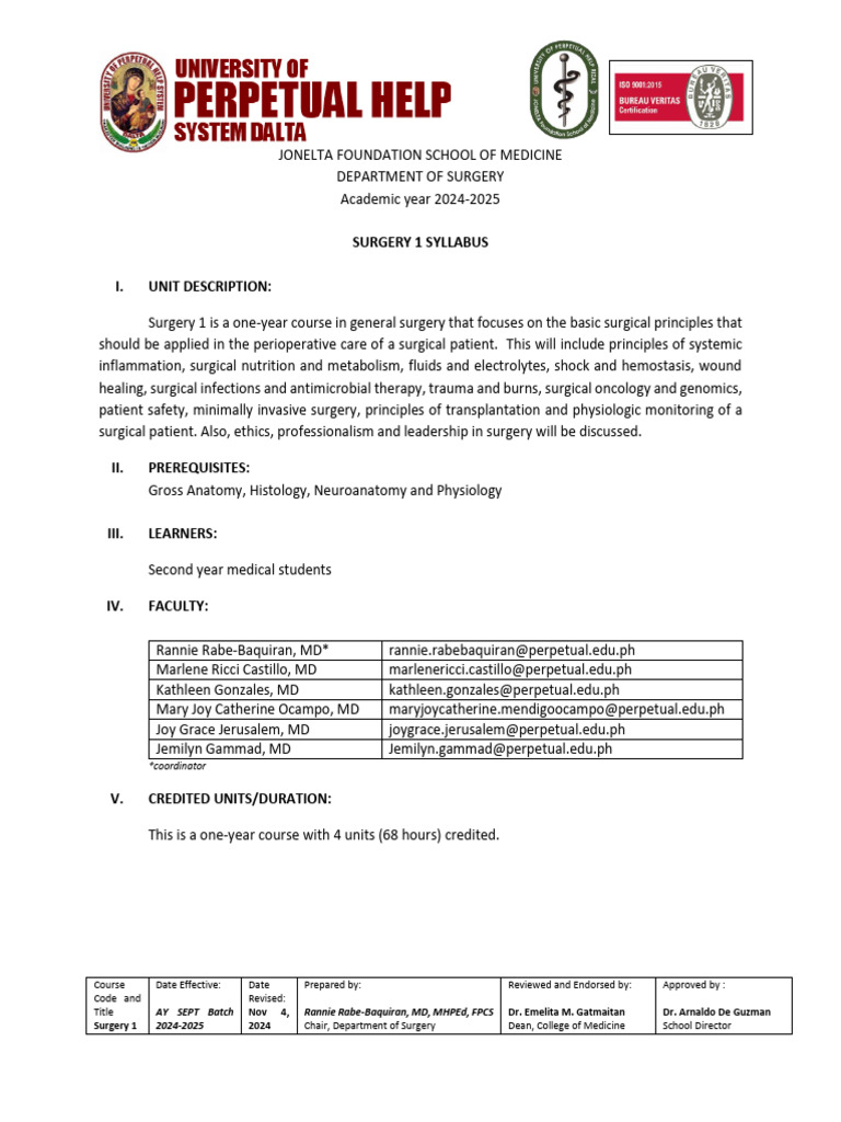 SYLLABUS Surgery 1 SEPT Batch 2024-2025 | PDF | Surgery | Doctor Of Medicine