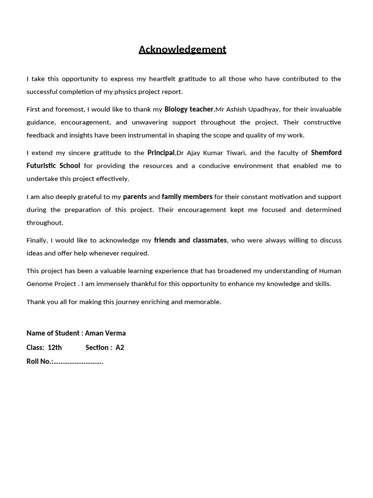 Format of Acknowledgement and Certificate Class 12 | PDF