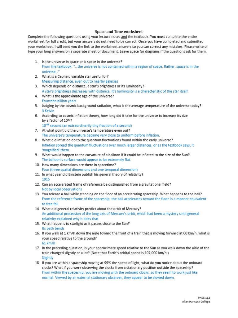 Space_and_Time_Worksheet_revised_KEY | PDF | General Relativity | Universe
