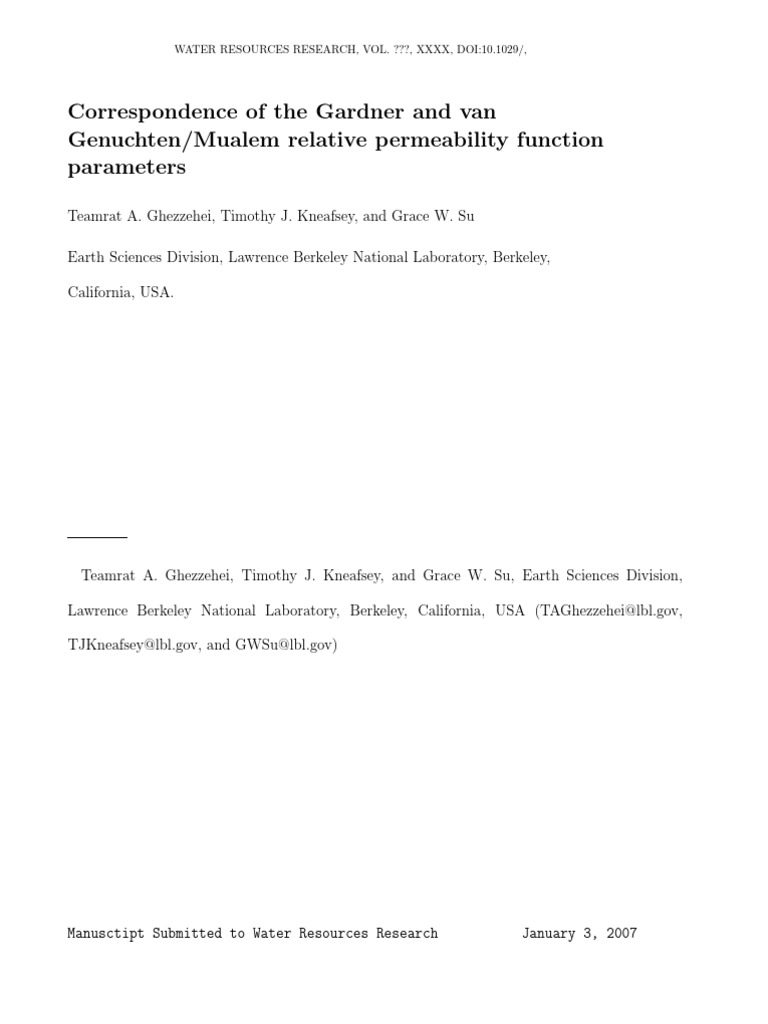Van Genuchten | Permeability (Earth Sciences) | Equations