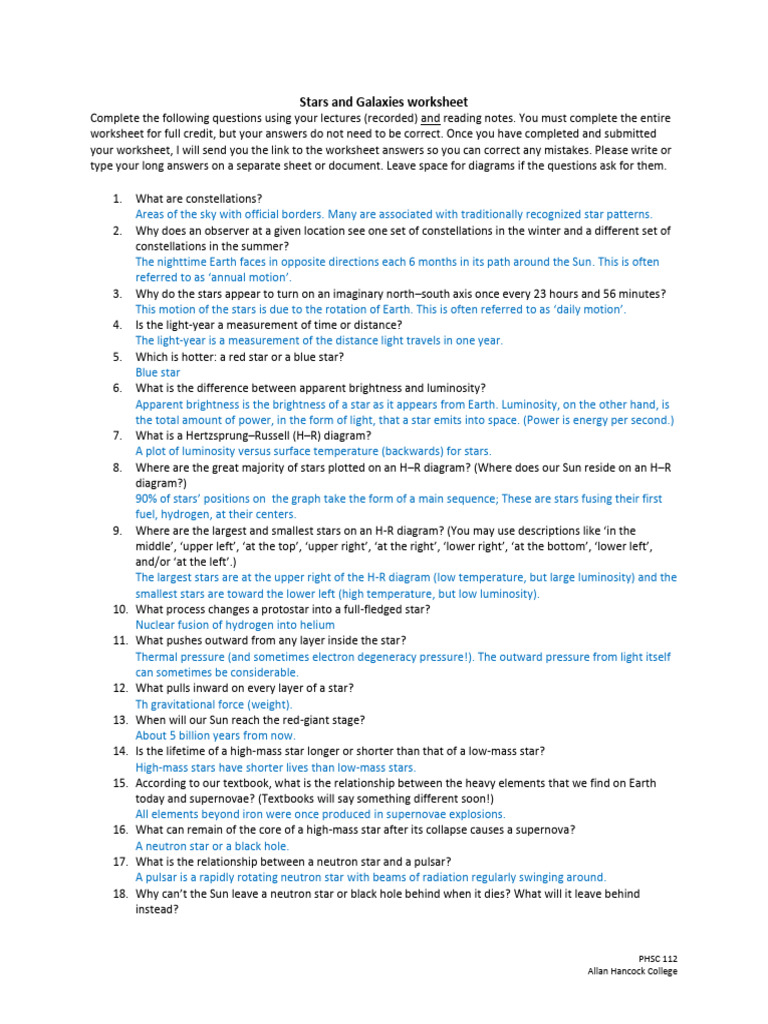 Stars_and_Galaxies_worksheet_revised_KEY | PDF | Stars | Galaxy