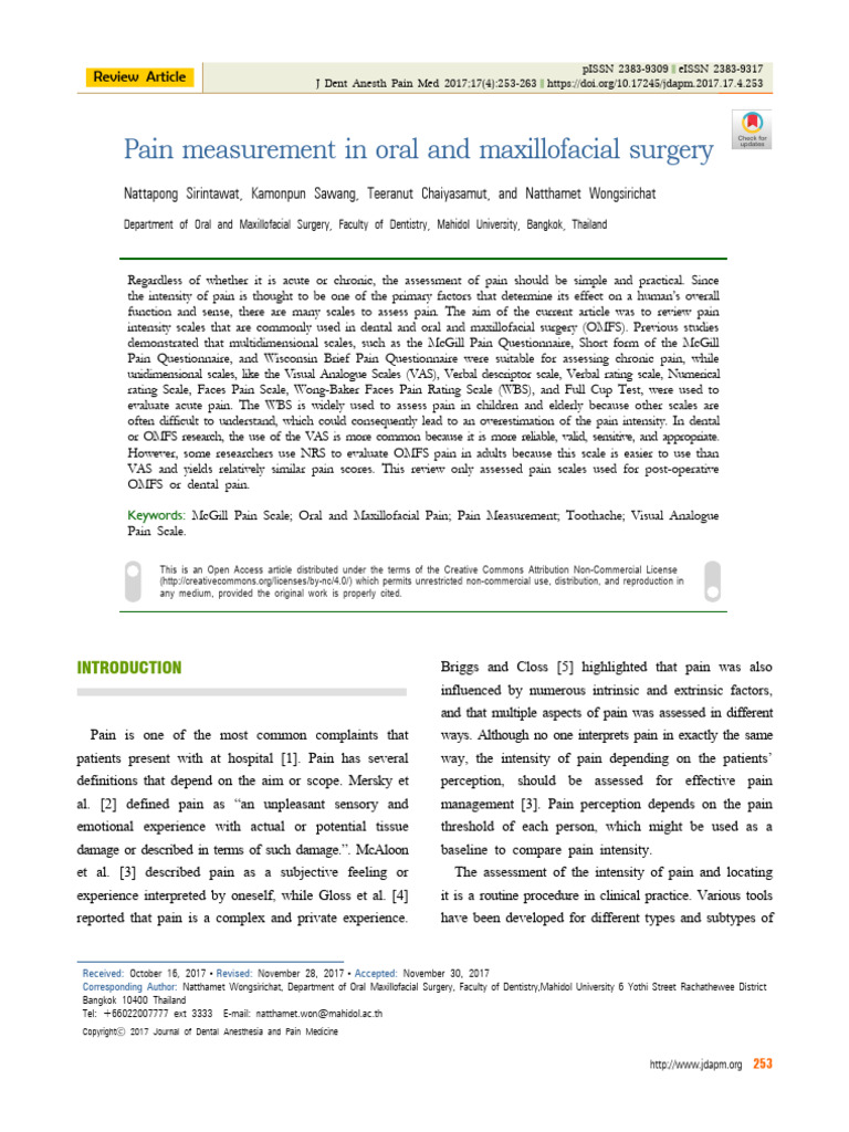 Pain Measurement in Oral and Maxillofacial Surgery | PDF | Pain | Oral ...