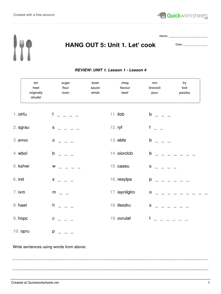 HANG OUT 5 - Unit 1 Let' Cook | PDF | Foods