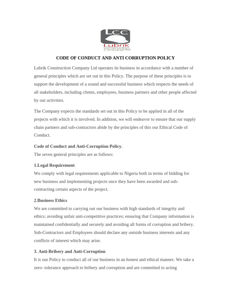 CODE OF CONDUCT AND ANTI CORRUPTION POLICY | PDF | Bribery | Employment