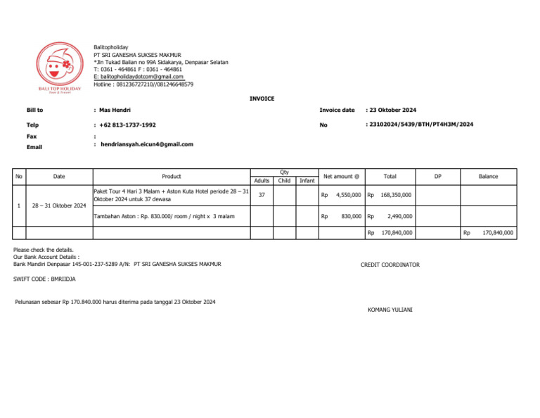 Invoice Paket Tour 4 Hari 3 Malam | PDF