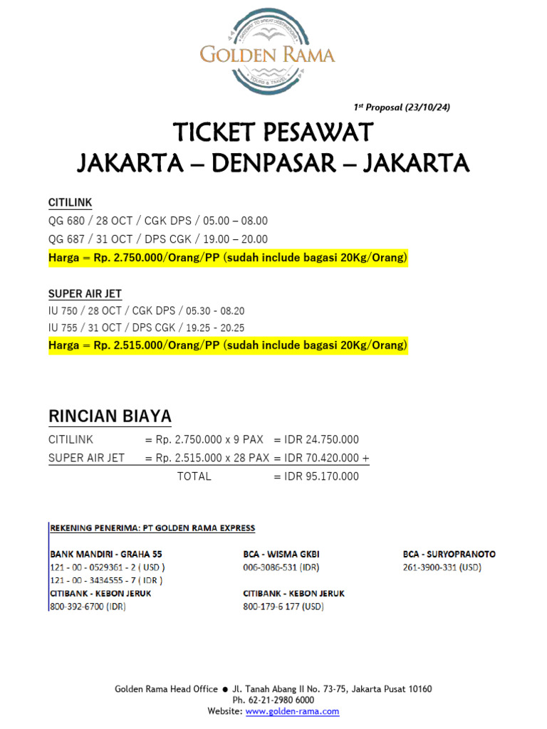 PENAWARAN TICKET PESAWAT CGK DPS CGK 28-31 OCT 2024 (RVS-1 MA23OCT24) | PDF