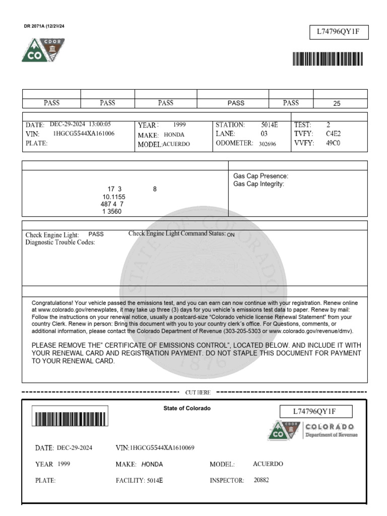Colorado Vehicle Inspection Report | PDF | Vehicles