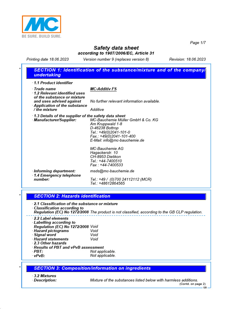 MC Additiv Fs GB en Sds | PDF | Dangerous Goods | Occupational Safety ...