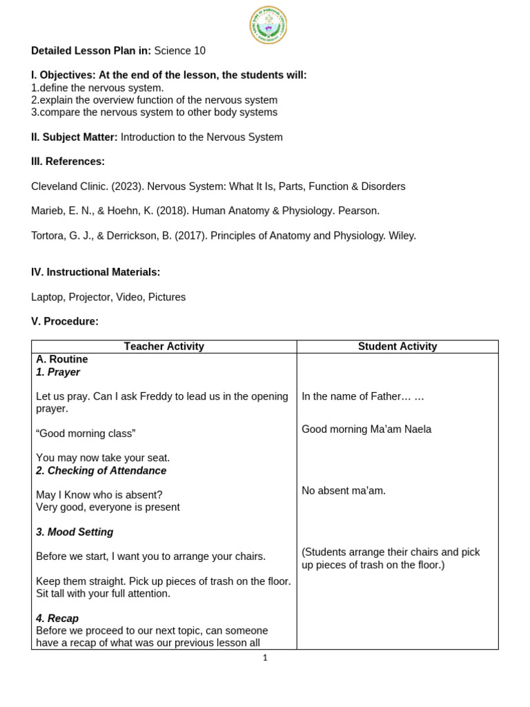 Lesson Plan 1 - Nervous System done | PDF | Human Body | Nervous System
