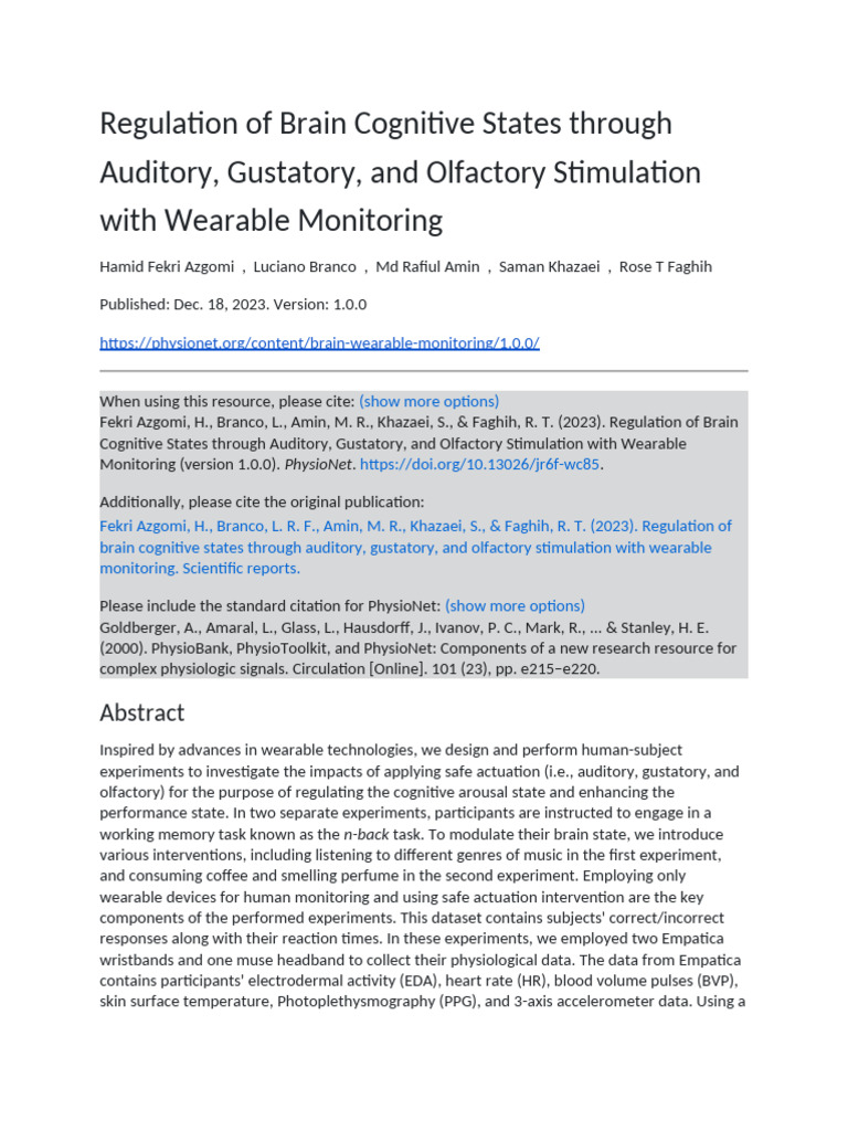 Regulation of Brain Cognitive States Through Auditory, Gustatory, and ...
