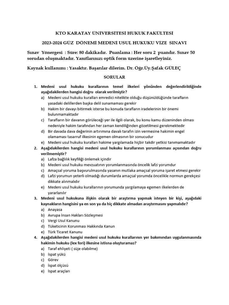Karatay Ocak 2024 Medeni Usul Hukuku Vize | PDF
