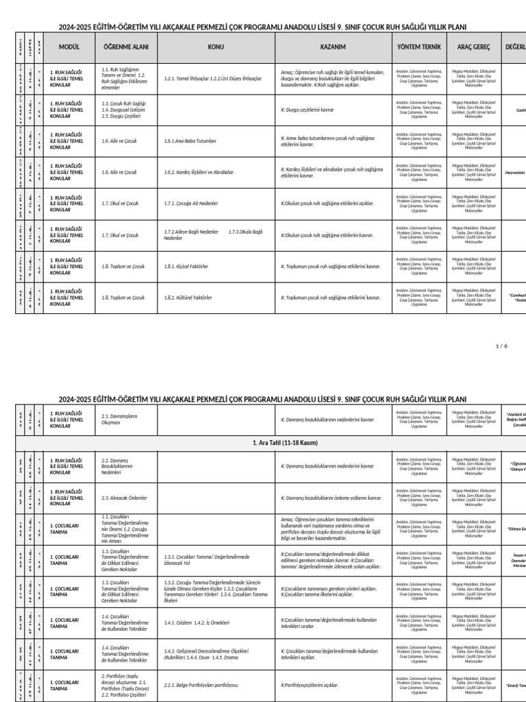 9 Sinif Cocuk Ruh Sagligi Hatice Nazli Kurt Yillik Plan Ogretmenevrak 1727422325 | PDF