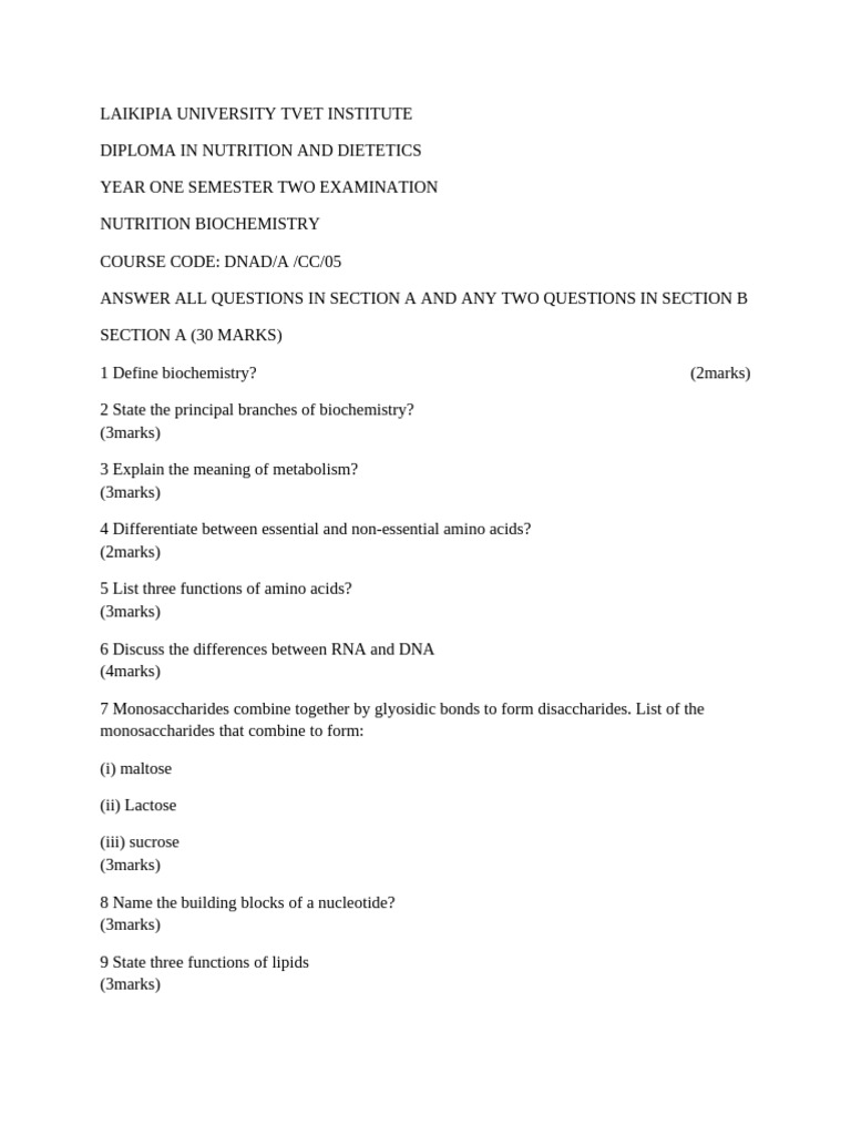 Nutrition Biochemistry Exam Guide | PDF