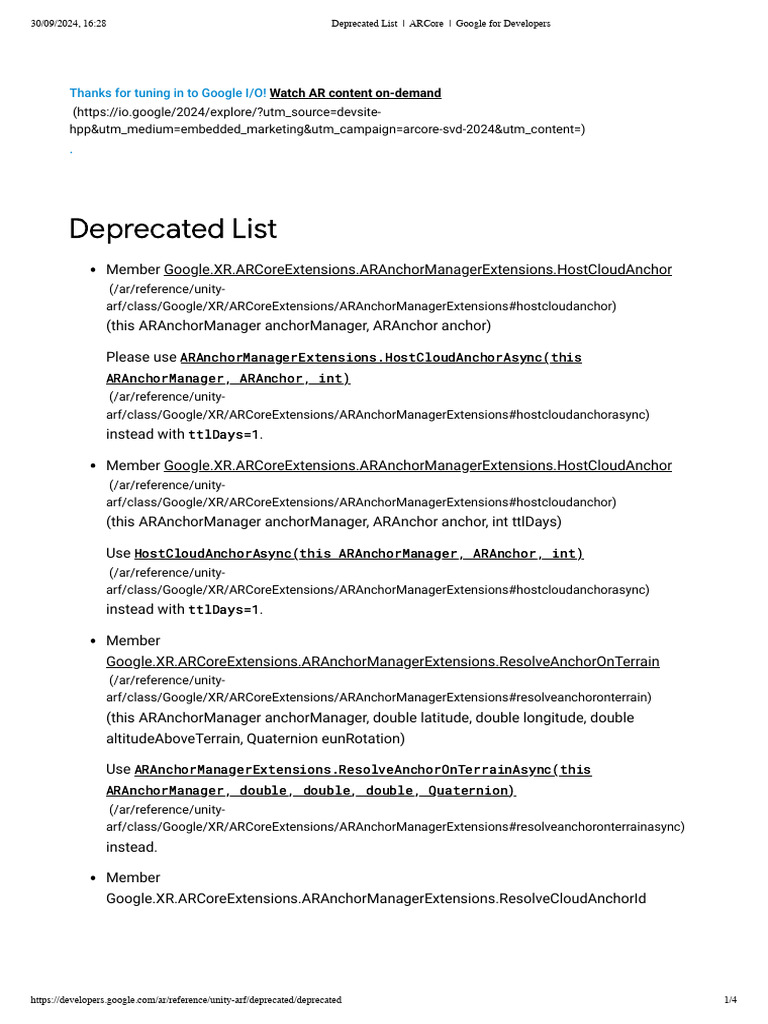 Deprecated List - ARCore - Google For Developers | PDF | Computing | Software Engineering