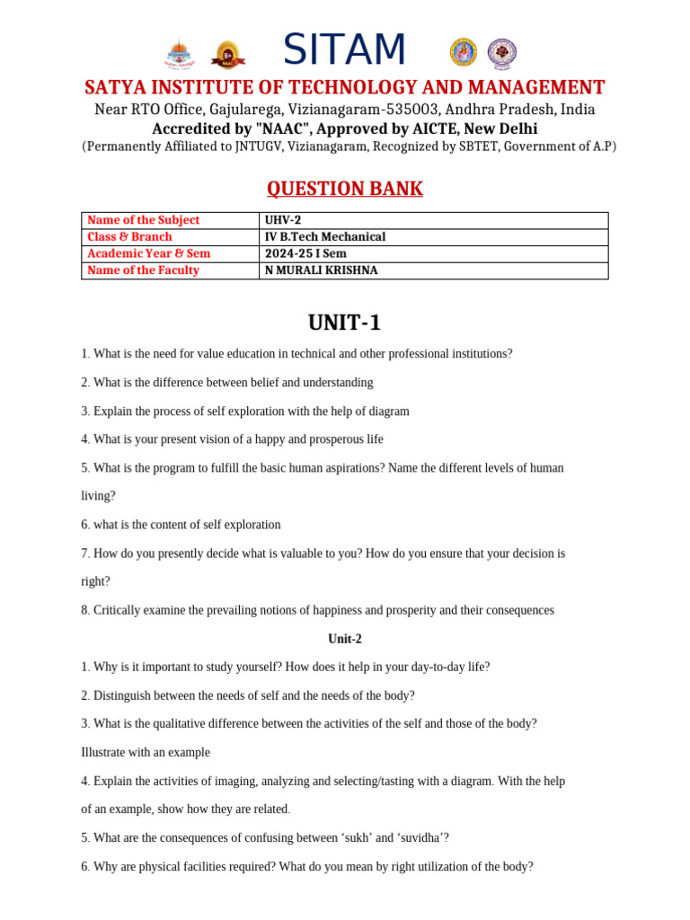 #UNITWISE QUESTION BANK UHV-2 | PDF | Psychological Concepts | Psychology