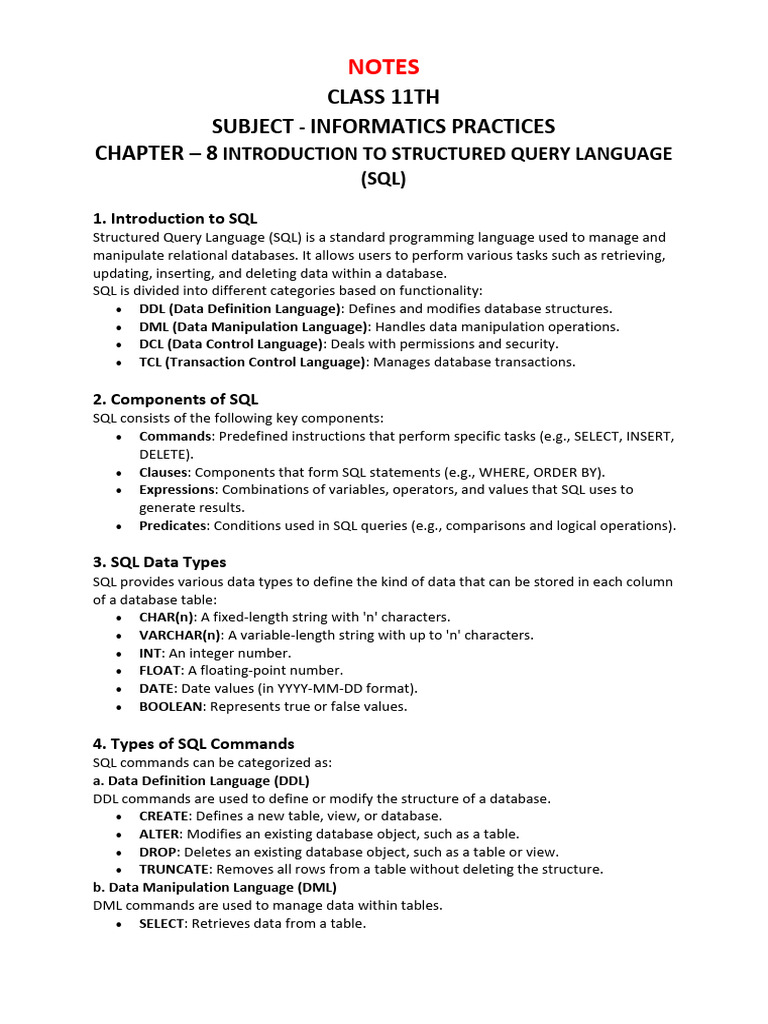 Class 11 Notes Informatics Practices Chap 8 (2024-25) | PDF | Sql ...