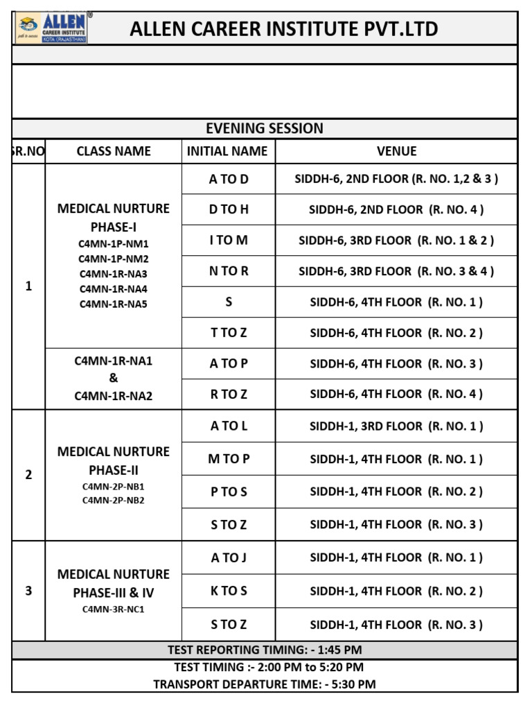 Sitting Plan Alphabet - 29.12.2024 (Pre-Medical Nurture Ph-I, II, III ...