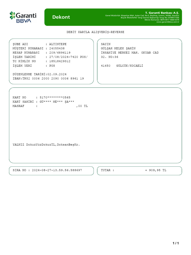 Dekont: T. Garanti Bankası A.Ş | PDF