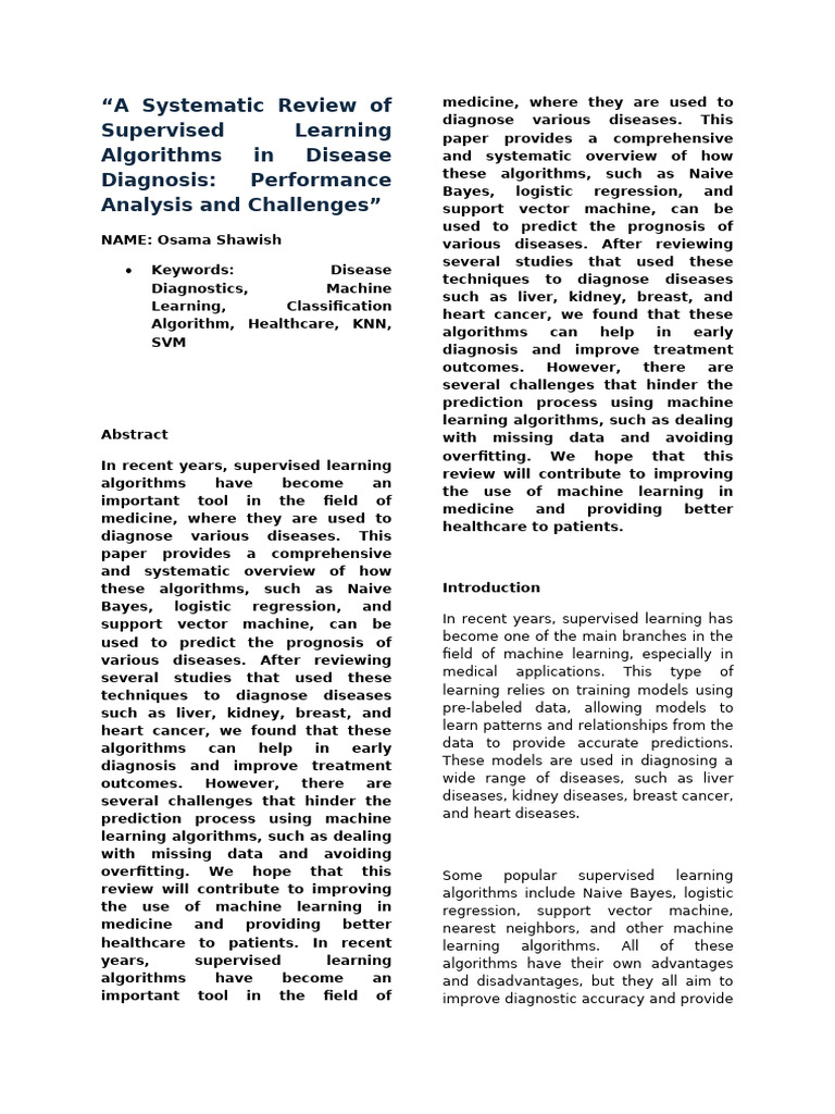 A Systematic Review of Supervised Learning Algorithms in Disease Diagnosis | PDF | Machine ...