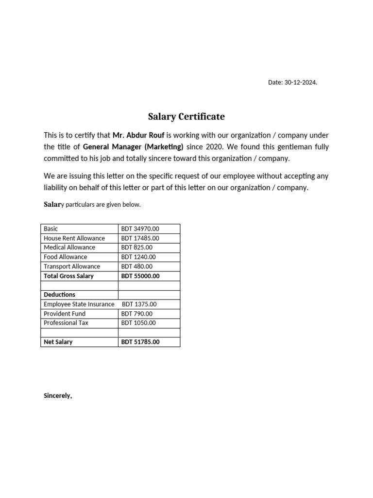 Salary Certificate | PDF