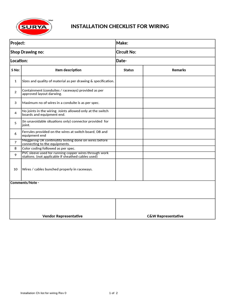 Wiring Installation Checklist | PDF | Electrical Wiring | Wire
