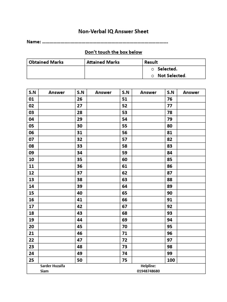 Non-Verbal IQ Test Answer Sheet | PDF