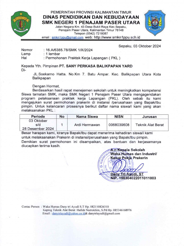 Surat Permohonan PKL PT. SANY PERKASA BALIKPAPAN YARD a.n Ardi Hermawan ...