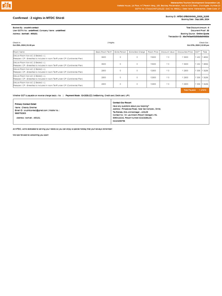 MTDC Shirdi Booking Confirmation Details | PDF | Credit Card | Debit Card