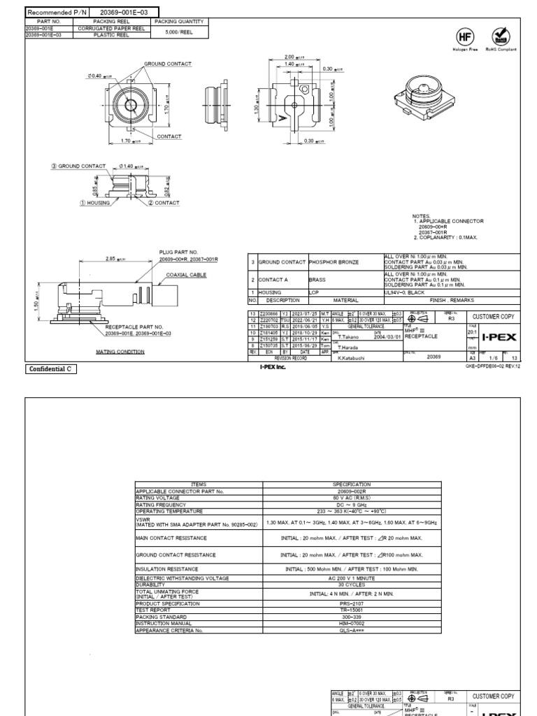 2D MHF Iii Receptacle 20369C13 | PDF | Electrical Connector | Electrical Resistance And Conductance