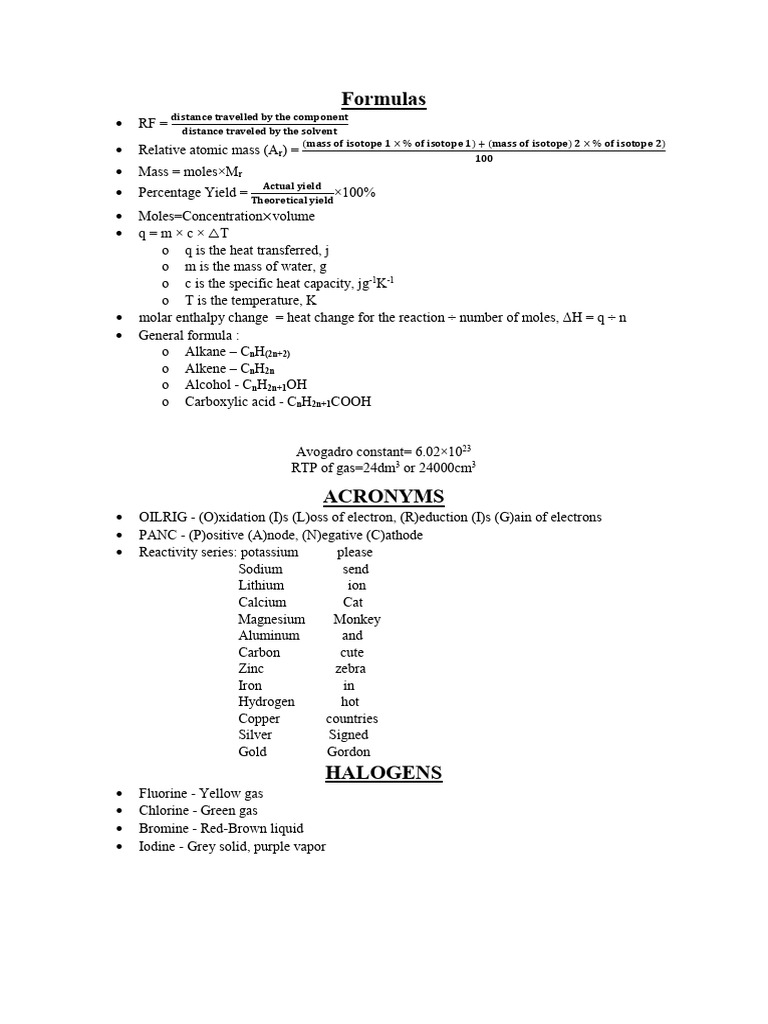 Essential Chemistry Formulas and Concepts | PDF | Alkene | Chemical ...