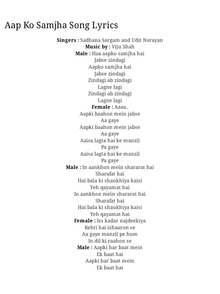 Aap Ko Samjha Song Lyrics | PDF