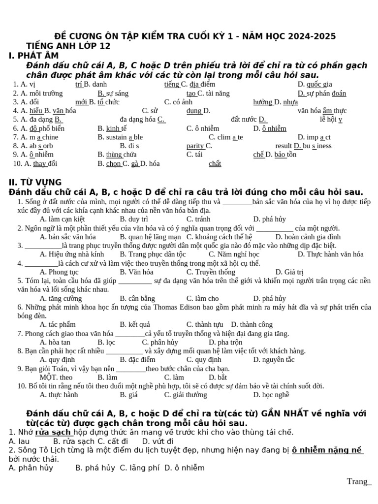 De Cuong On Tap Cuoi Hoc Ky 1 Tieng Anh 12 Global Success 2024 2025 | PDF