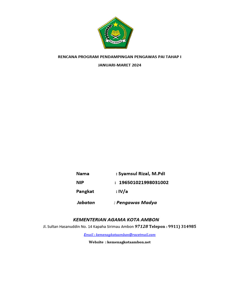 Laporan Rencana Kerja Pendampingan Pengawas Pai 2024 Tahap I | PDF