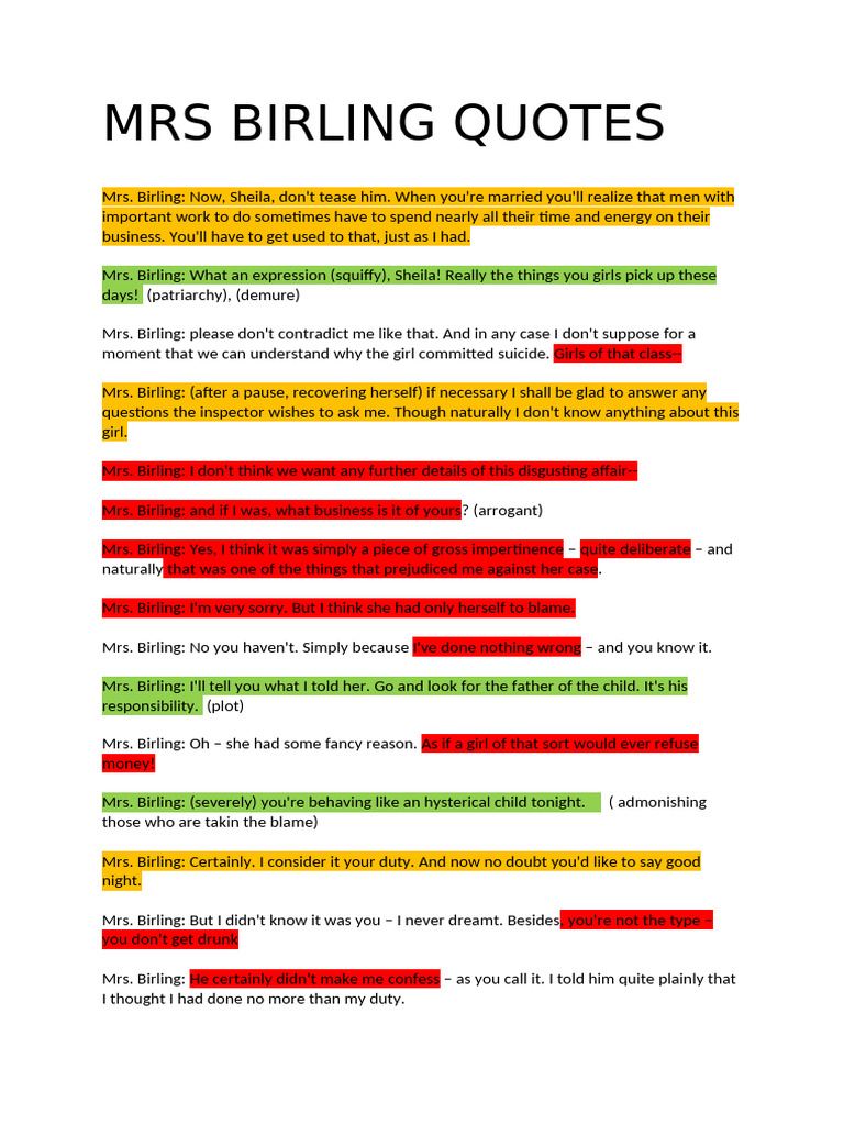 MRS Birling Quotes | PDF