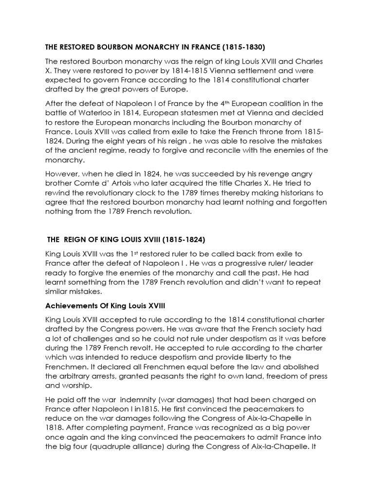 Bourbon Monarchy Restoration in France | PDF | First French Empire ...
