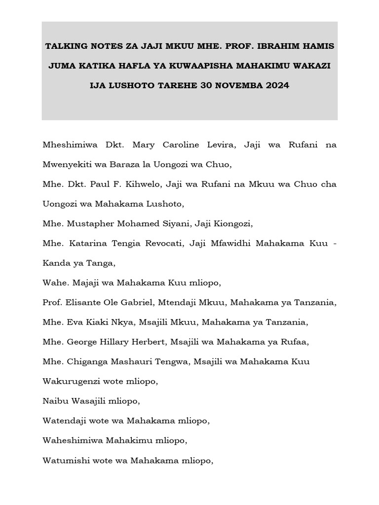 (Talking Notes) Za Jaji Mkuu Mhe Prof Ibrahim Hamis Juma Katika Hafla ...