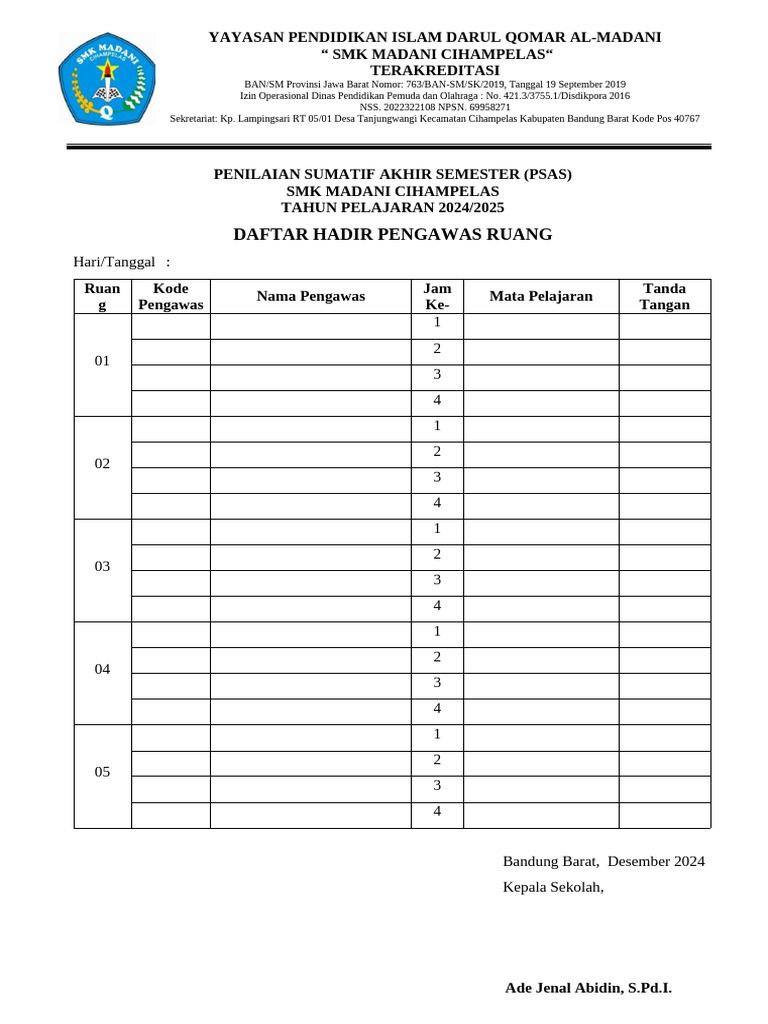 Daftar Hadir Pengawas Ruang | PDF
