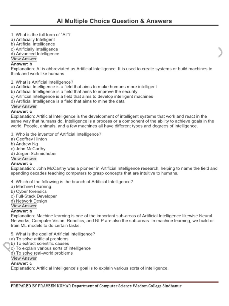 AI Multiple Choice Question1 | PDF | Artificial Intelligence ...