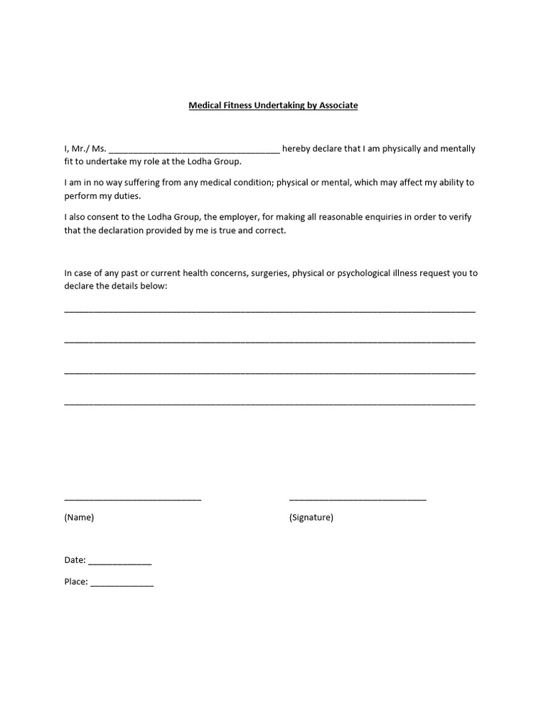 Medical Fitness Undertaking | PDF